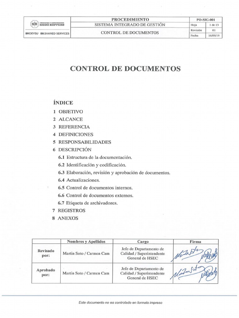 PO-SIG-001 Control de Documentos Rev.01 | PDF