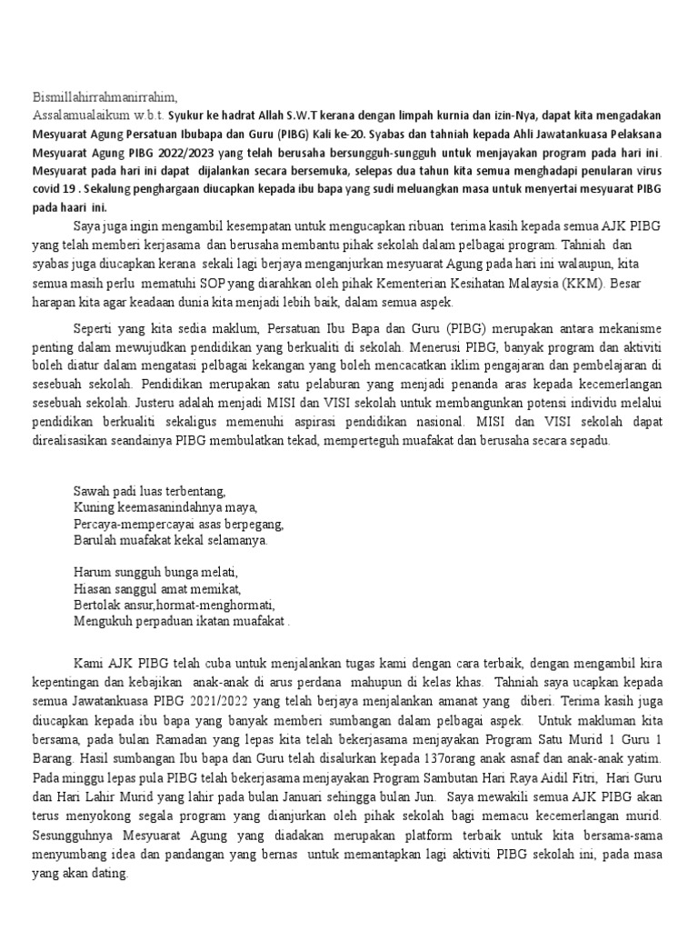 Teks Ucapan Ydp Pibg 20222023 | PDF