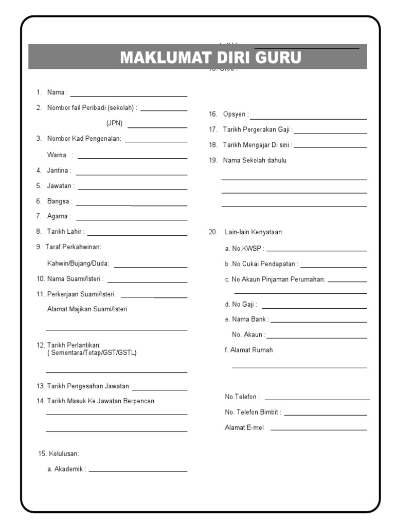 Maklumat Diri Guru 2022 (UTK FAIL REKOD) | PDF