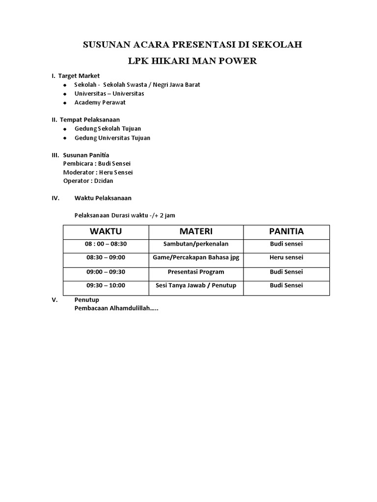 Susunan Acara Presentasi Di Sekolah | PDF | Karier & Perkembangan