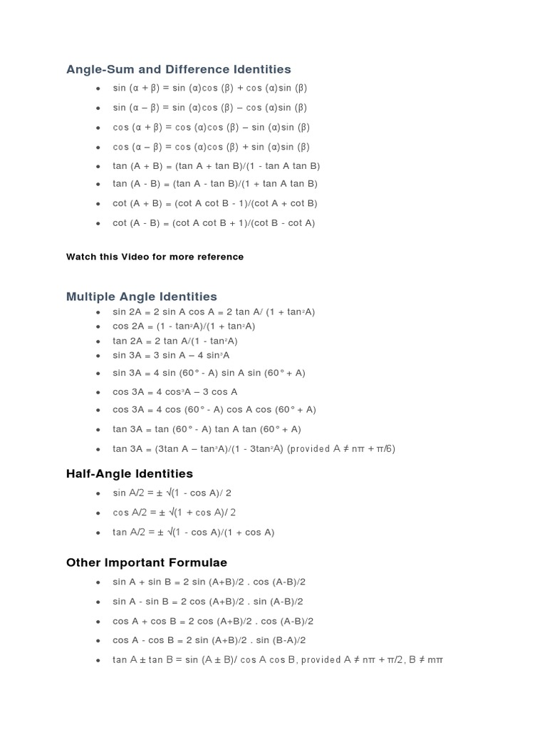 Trigonometric Identities Guide | PDF | Trigonometric Functions | Elementary Mathematics