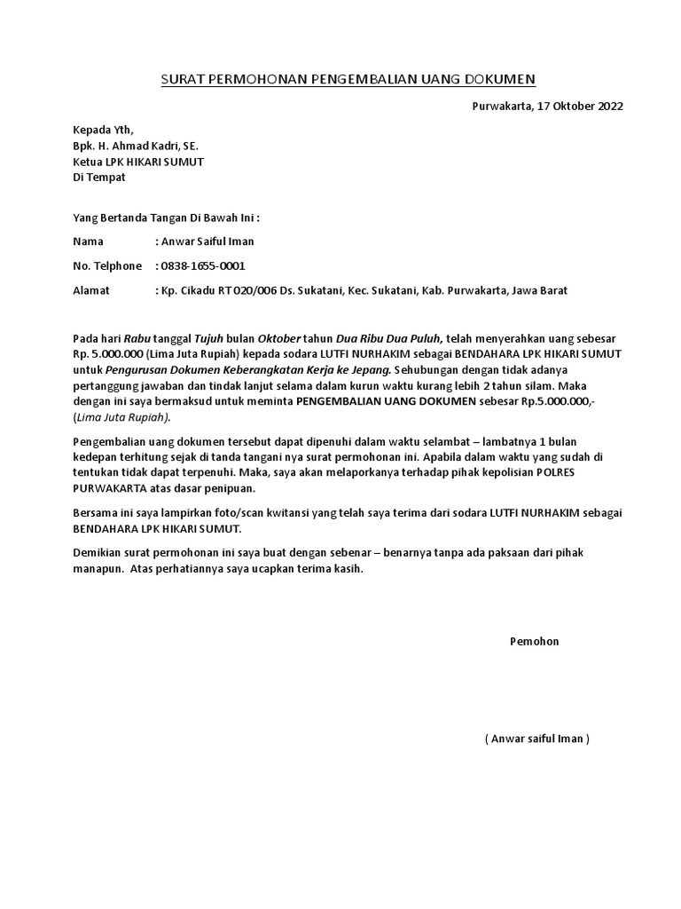 Surat Permohonan Pengembalian Uang Dokumen | PDF