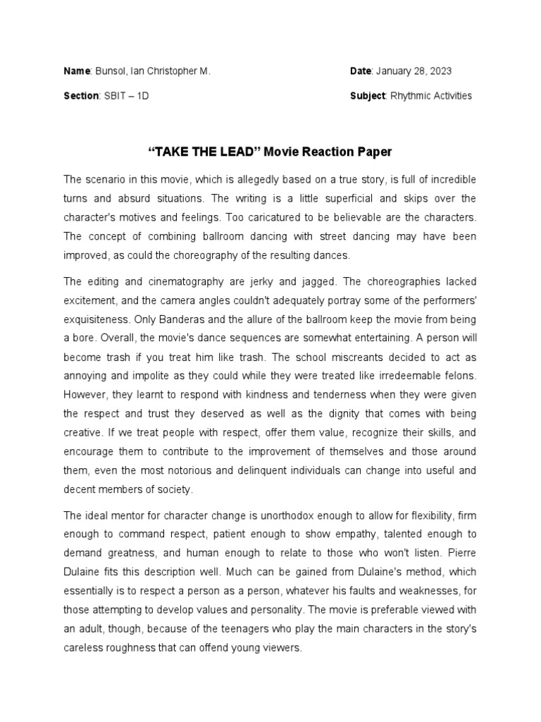 "TAKE THE LEAD" Movie Reaction Paper | PDF