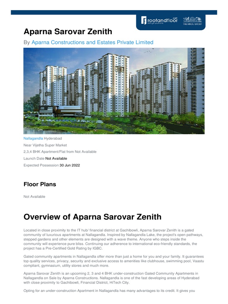 Aparna Sarovar Zenith Overview | PDF | Tile | Sink