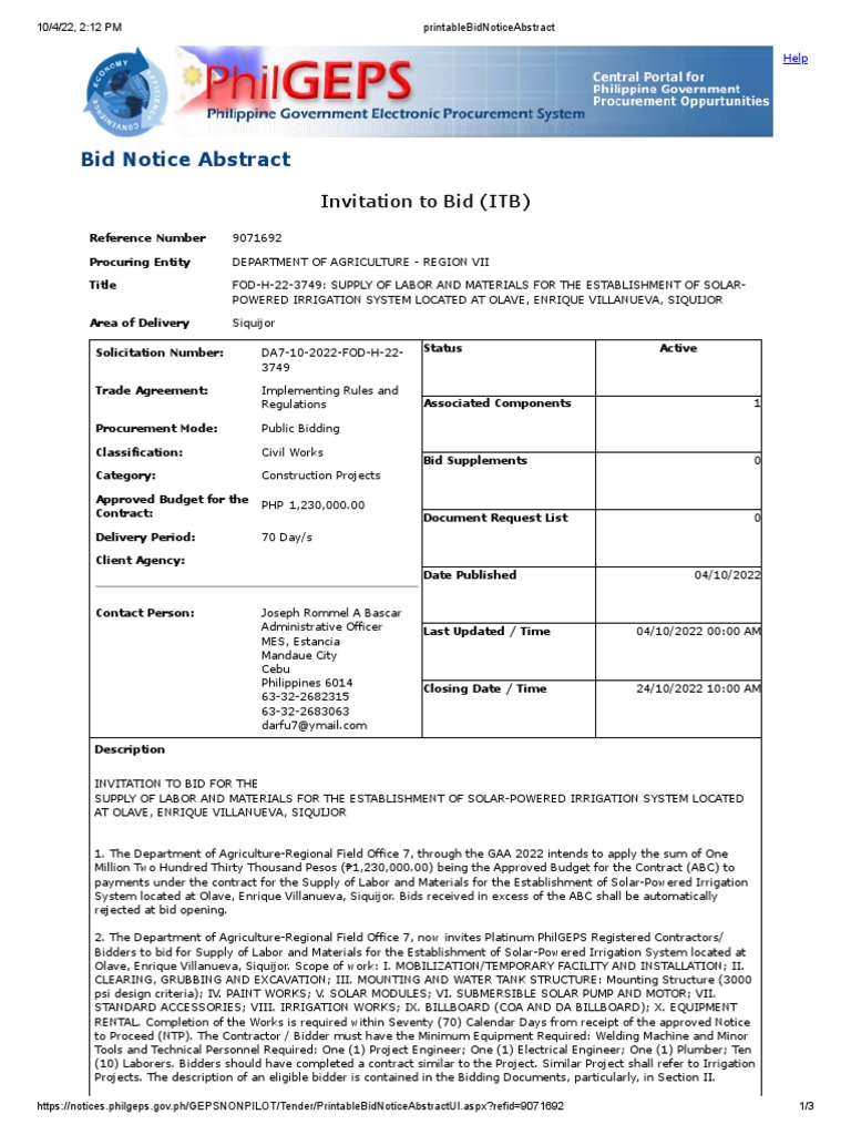 PhilGeps Invitation To Bid - Solar Water Irrigation System Villanueva | PDF