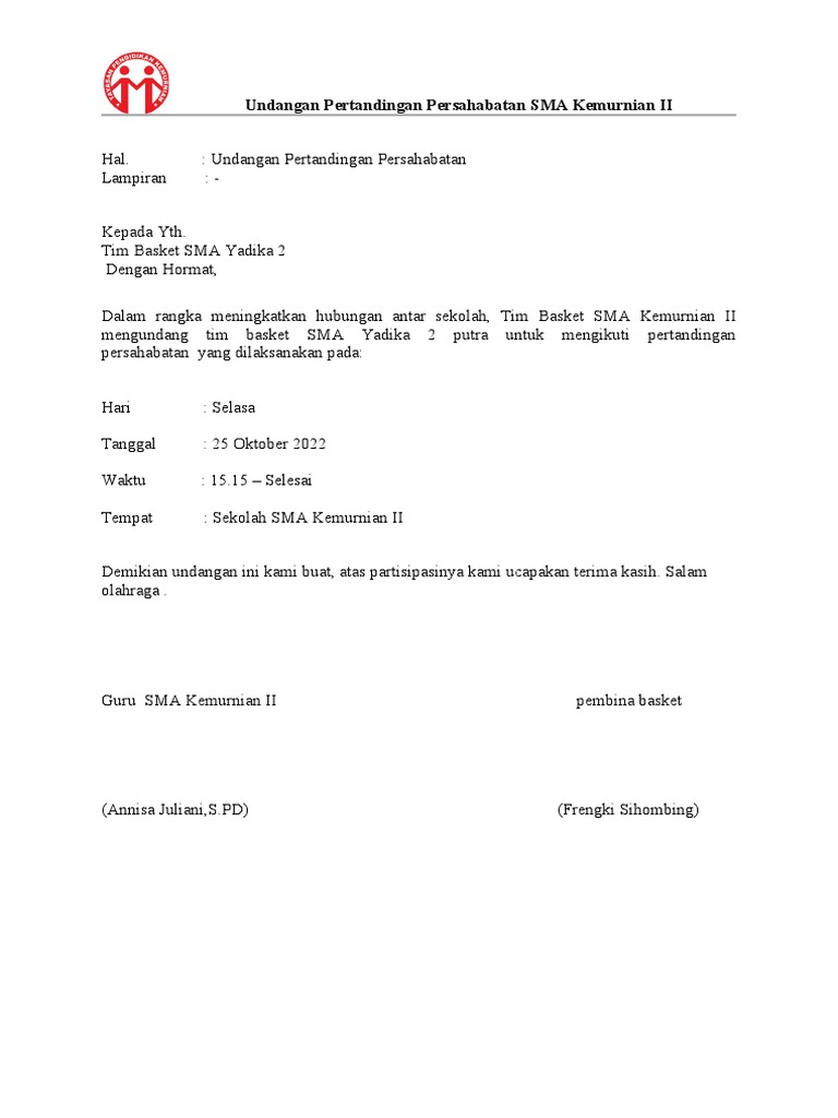 Undangan Pertandingan Persahabatan SMA Kemurnian II | PDF