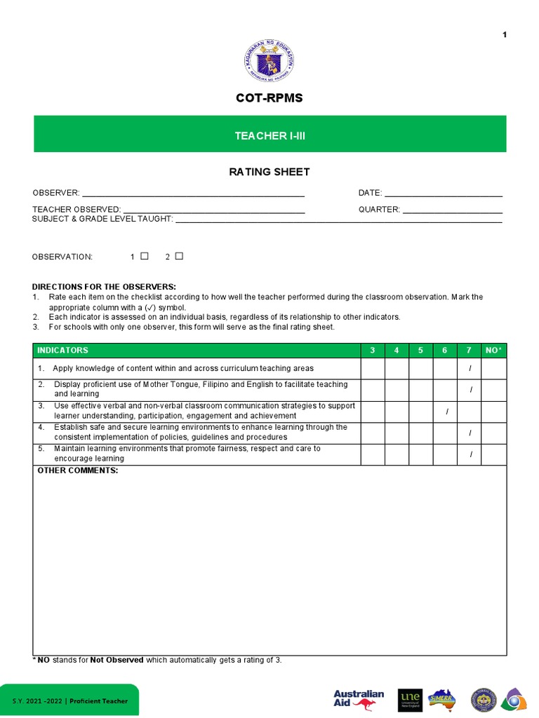 Cot2 Rating Sheet | PDF | Teachers | Learning