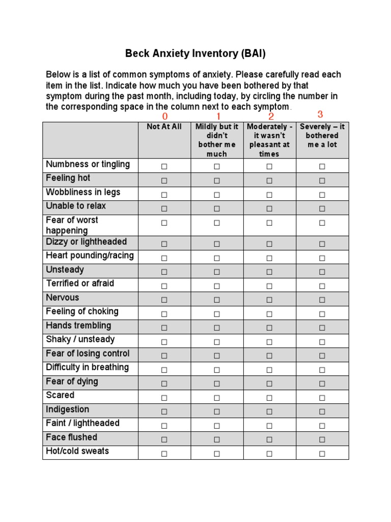 Beck Anxiety Inventory (BAI) | PDF Beck Anxiety Inventory (BAI) | PDF