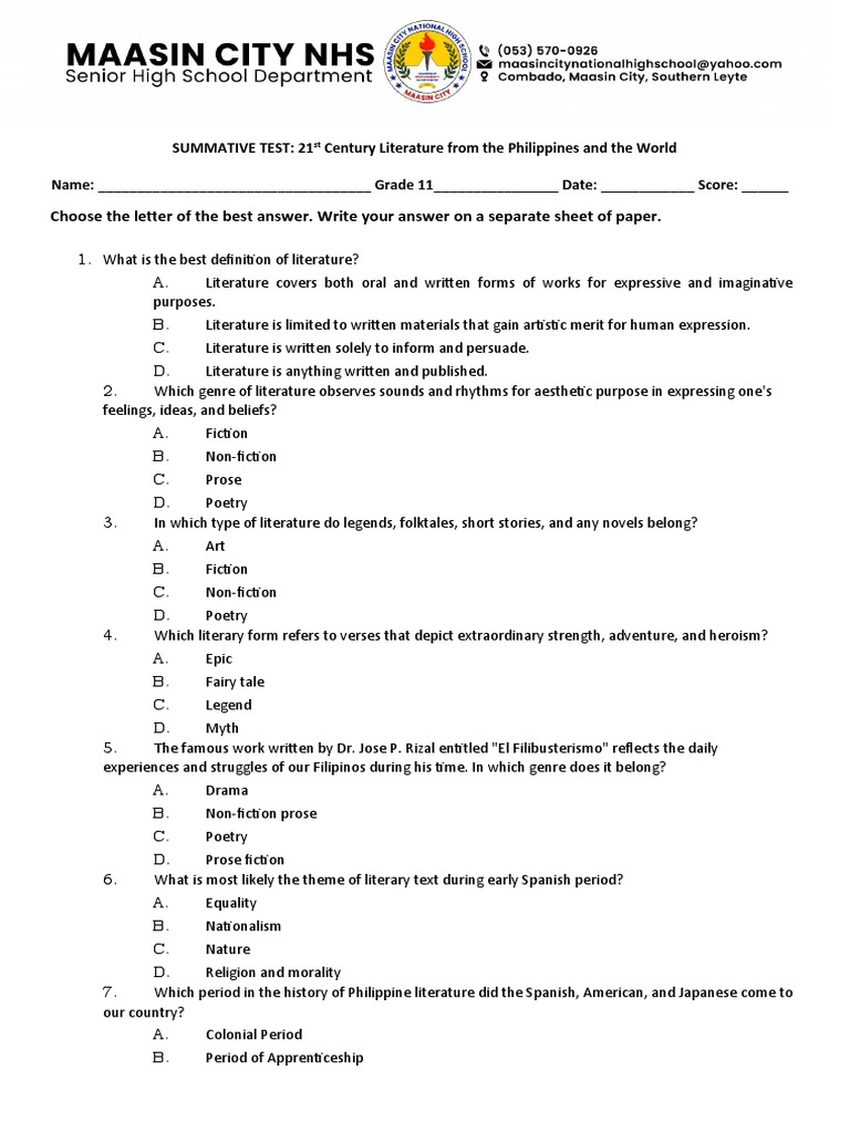 SUMMATIVE TEST in 21st Century Lit | PDF | Poetry | Writing