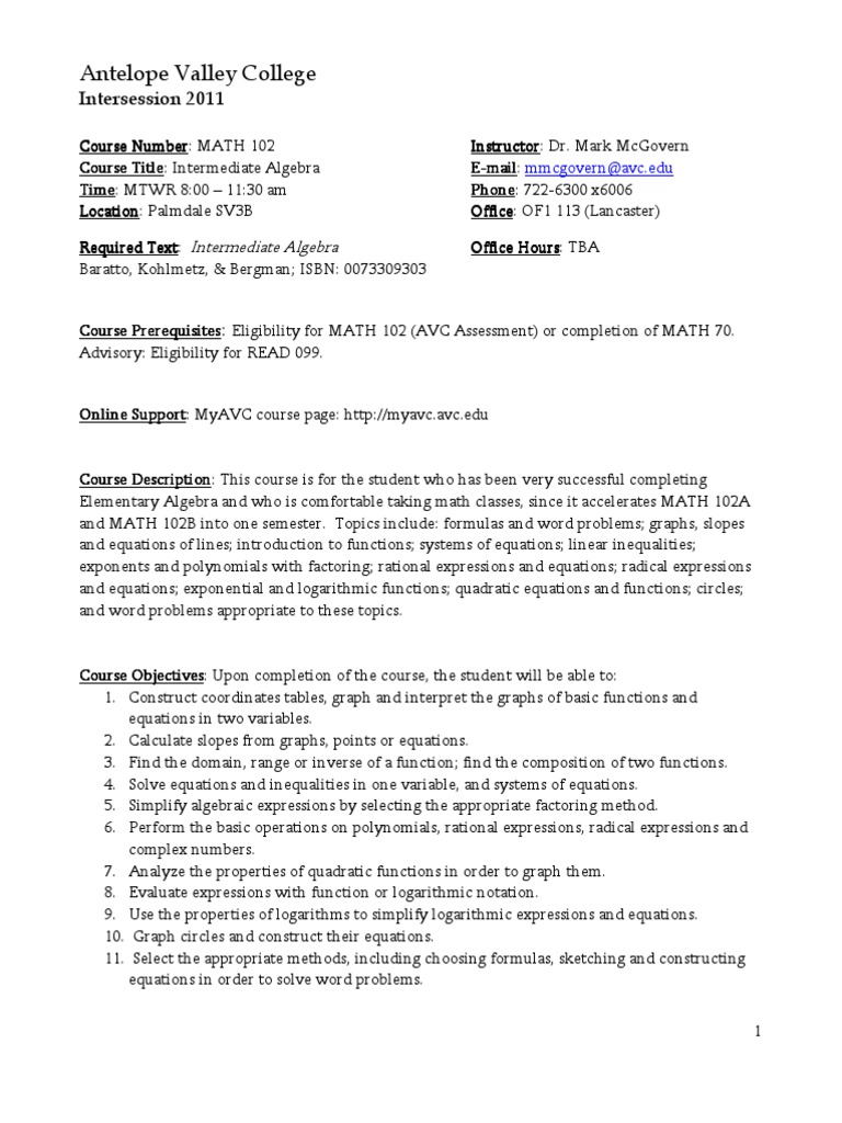 MATH102 Syllabus | PDF | Homework | Equations