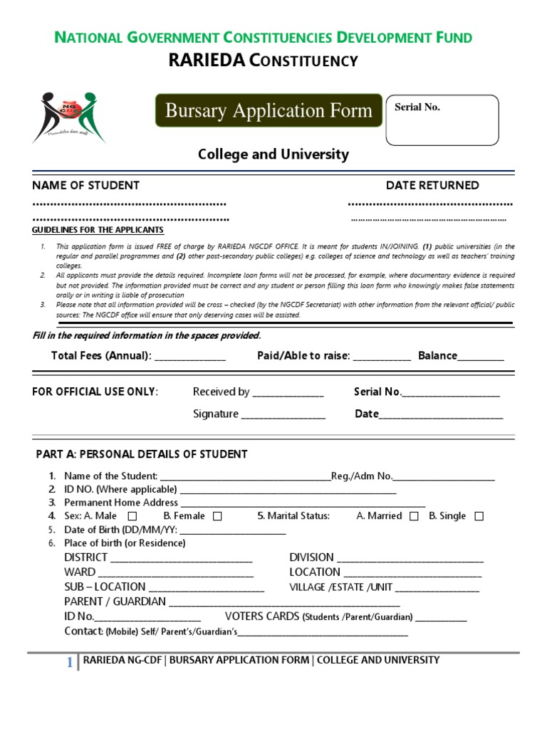 CDF Bursary Form-Colleges & University - Rarieda | PDF | Parent | Social Institutions