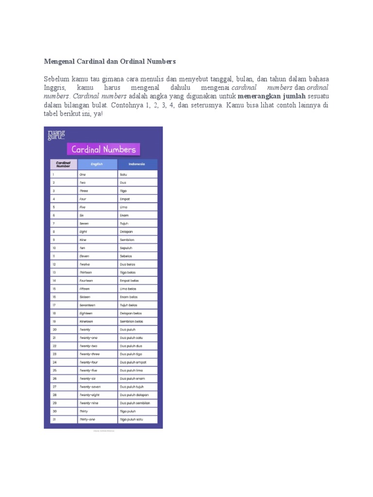 Cardinal Ordinal Number Materi Kls 6-7 | PDF
