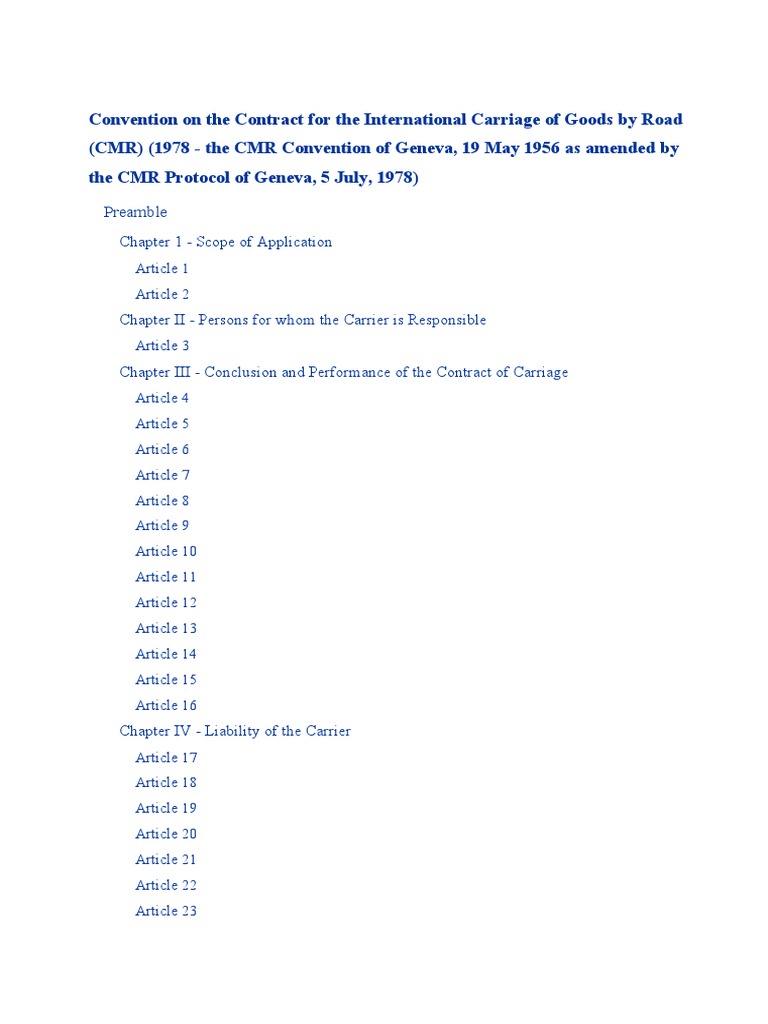 CMR Convention Overview and Provisions | PDF | Bill Of Lading | Legal ...