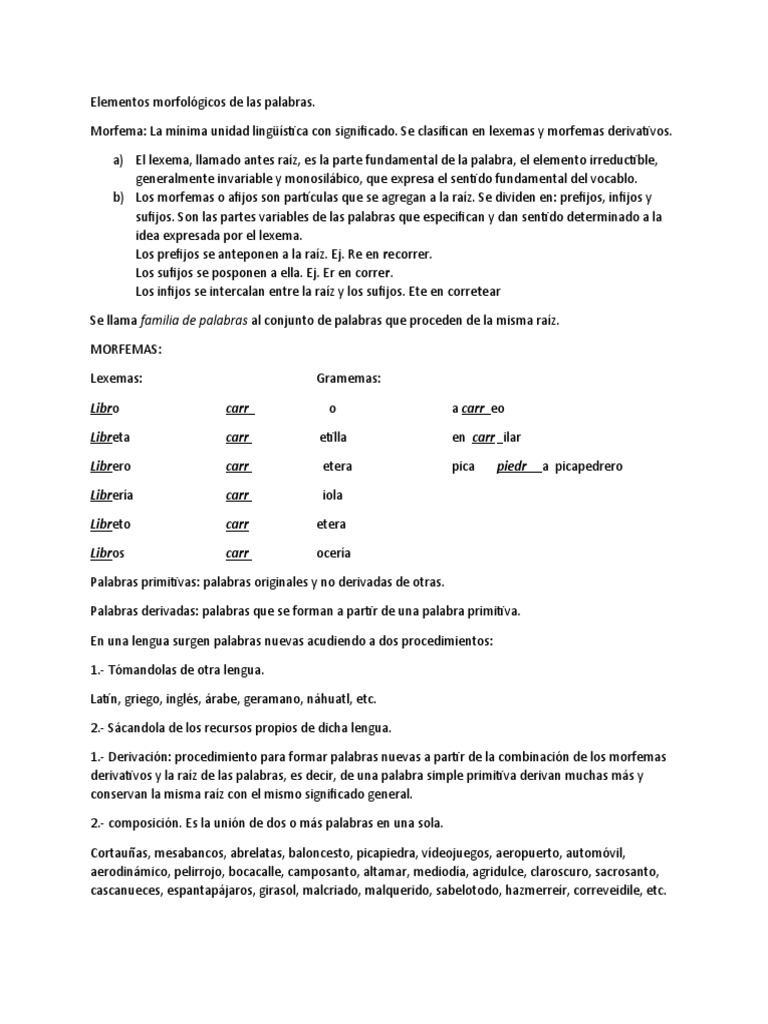Elementos Morfológicos de Las Palabras | PDF | Palabra | Morfología ...