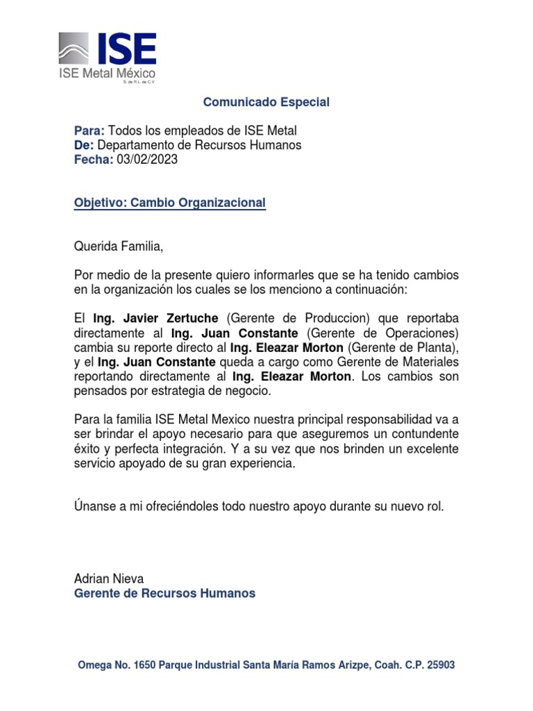 Comunicado Organizacional - Departamento de Materiales y Produccion | PDF
