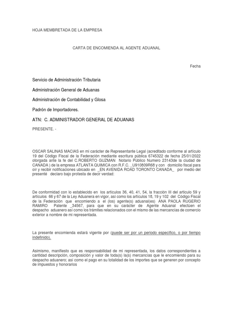 Carta de Encomienda Aduanal | PDF | Negocios