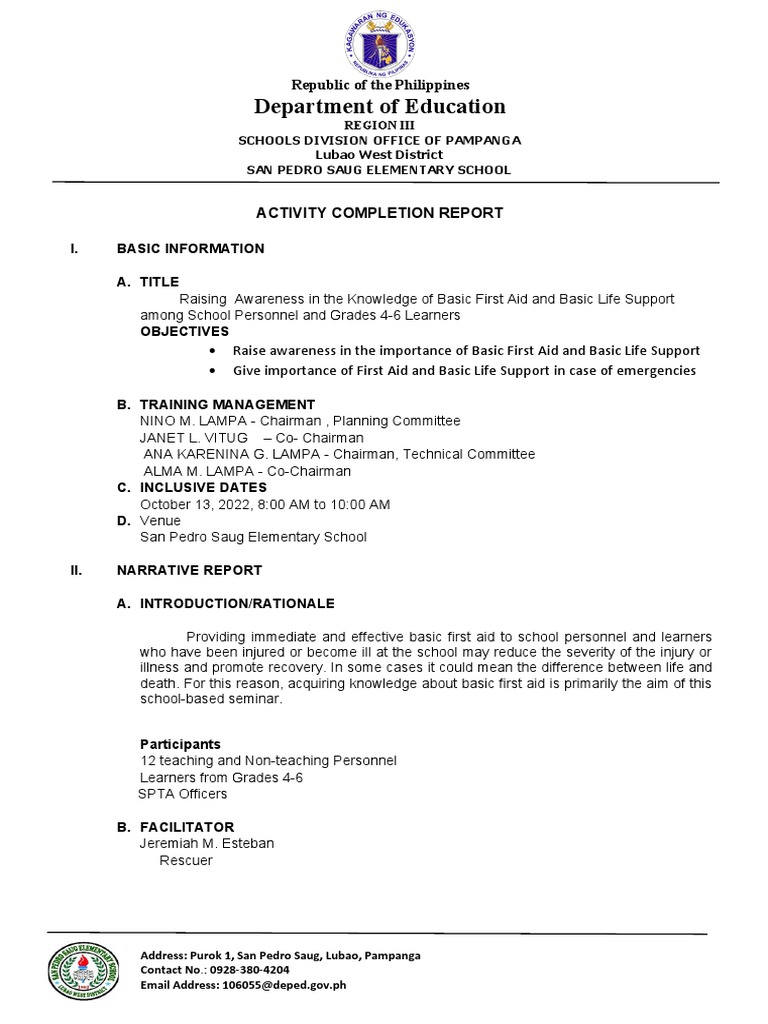 Basic First Aid and Basic Life Support Among School Personnel and Grades 4-6 Learners-GRADE-4-6 ...