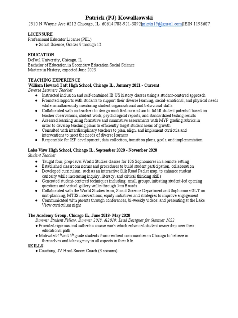 Patrick Kowalkowski - Teaching Resume | PDF | Curriculum | Teachers