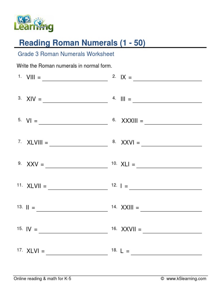 Reading Roman Numerals (1 - 50) | PDF