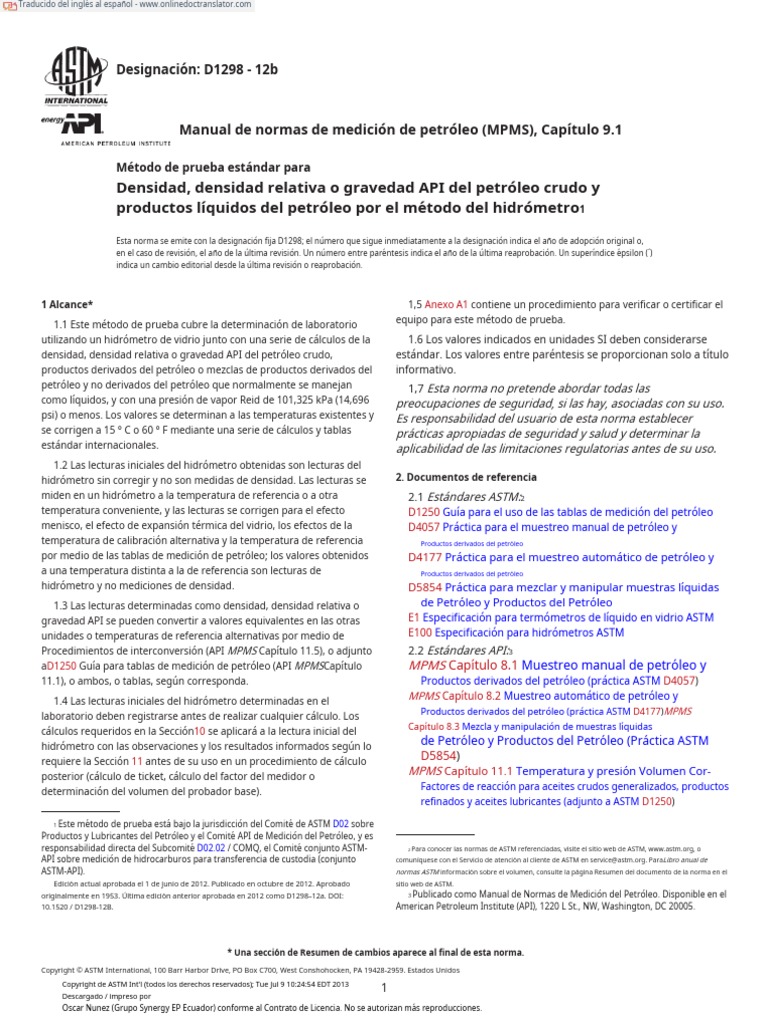 Densidad, Densidad Relativa o Gravedad API Del Petróleo Crudo y ...