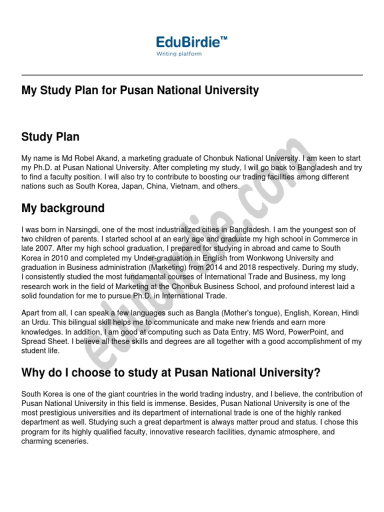 My Study Plan For Pusan National University | PDF | Doctor Of Philosophy | University