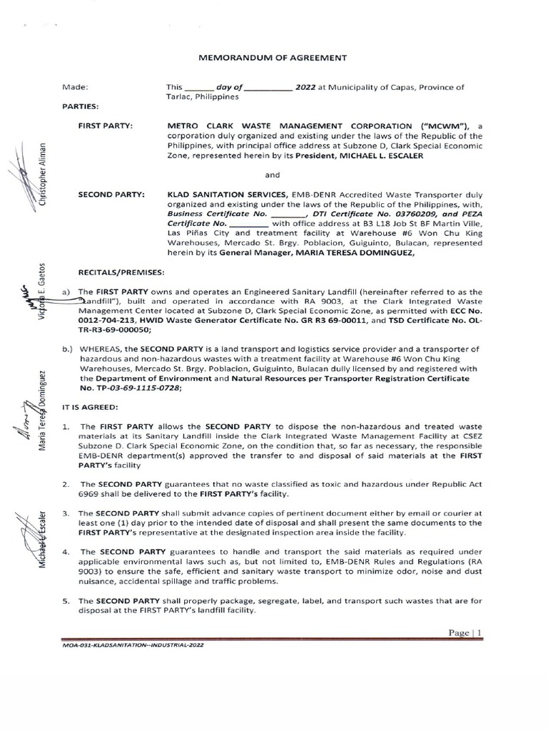 Metro Clark Waste Management Corp - Moa | PDF
