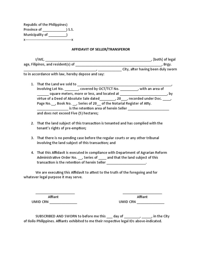 Affidavit of Seller/Transferor Template | PDF | Finance & Money Management