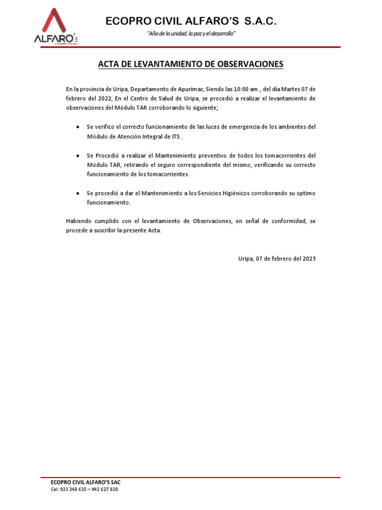 Acta de Levantamiento de Observaciones | PDF