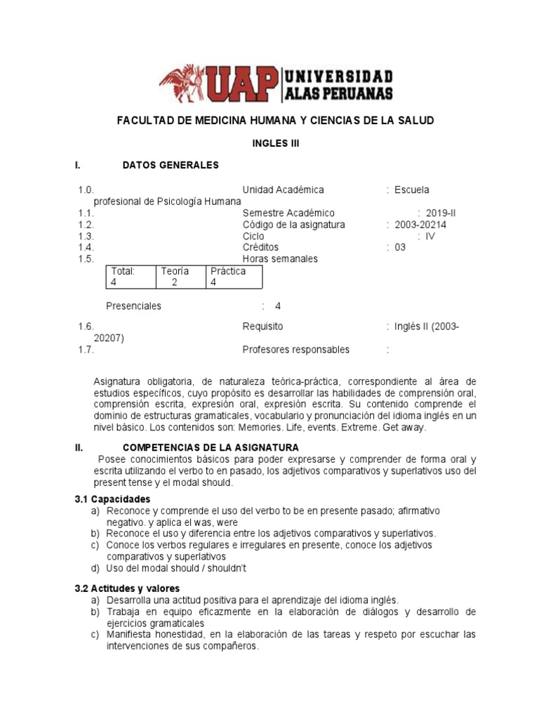 Silabo Ingles Iii | PDF | Evaluación | Verbo
