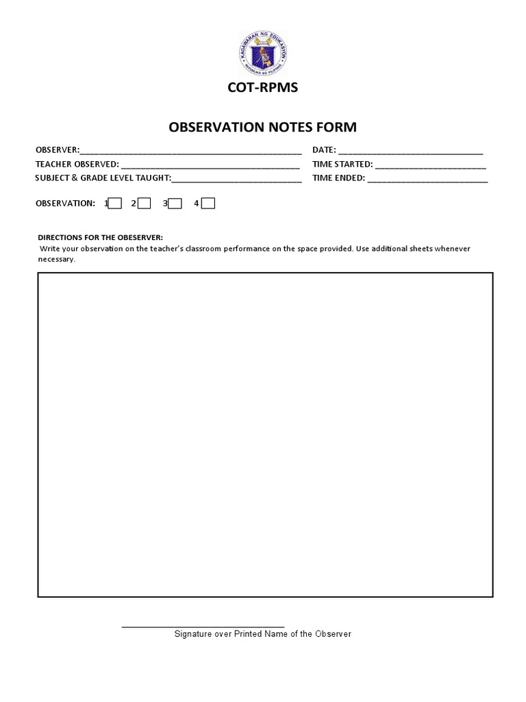 Observation Notes COT Rating | PDF | Learning | Linguistics