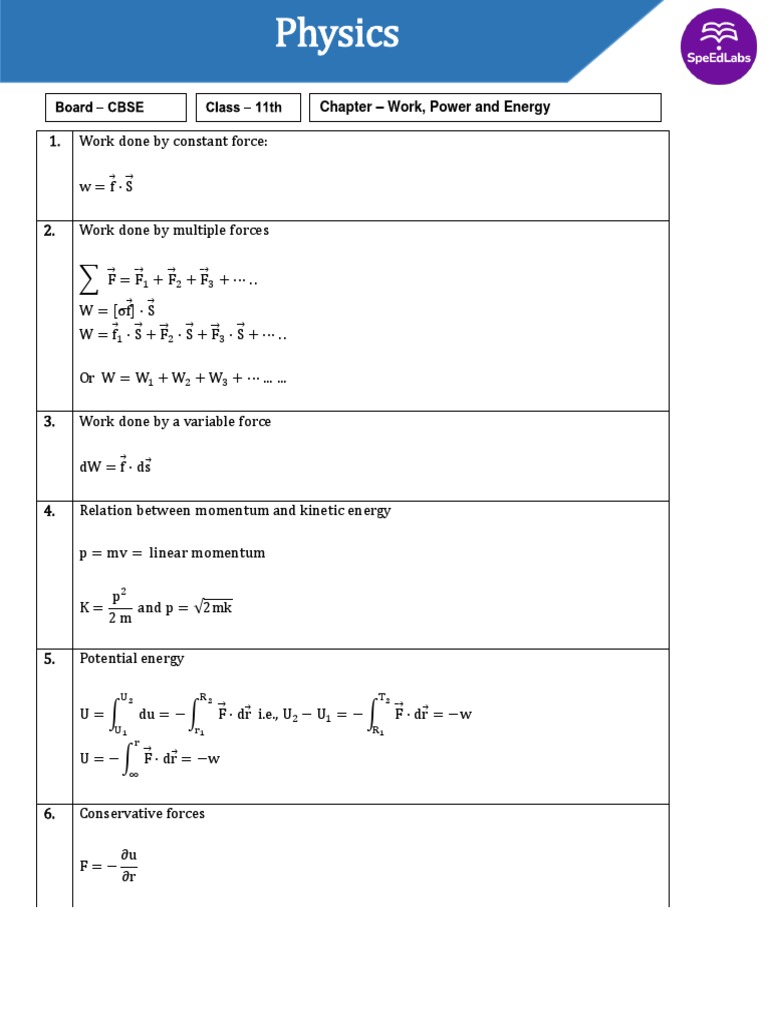 Class 11 Work, Energy, and Power Formulas | PDF