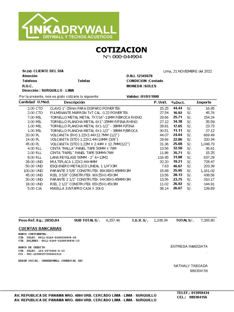 Cotización de materiales para construcción incluyendo clavos, tornillos, placas de yeso y más | PDF