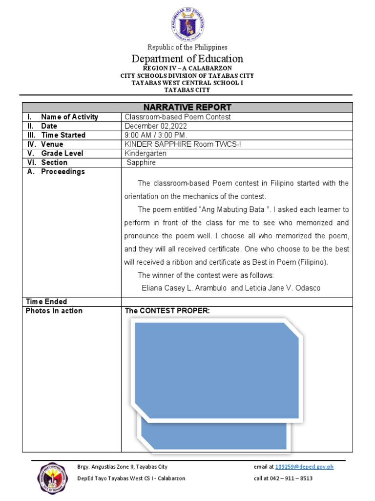 Narrative Report on Poem Contest | PDF | Philippines