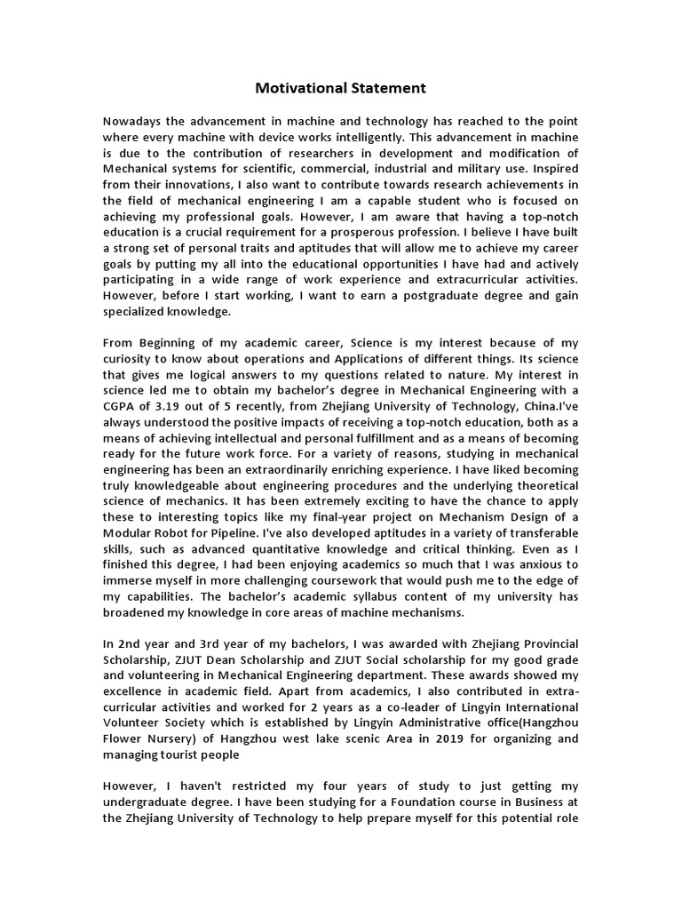 Motivational Statement for Mechanical Engineering | PDF | Science ...