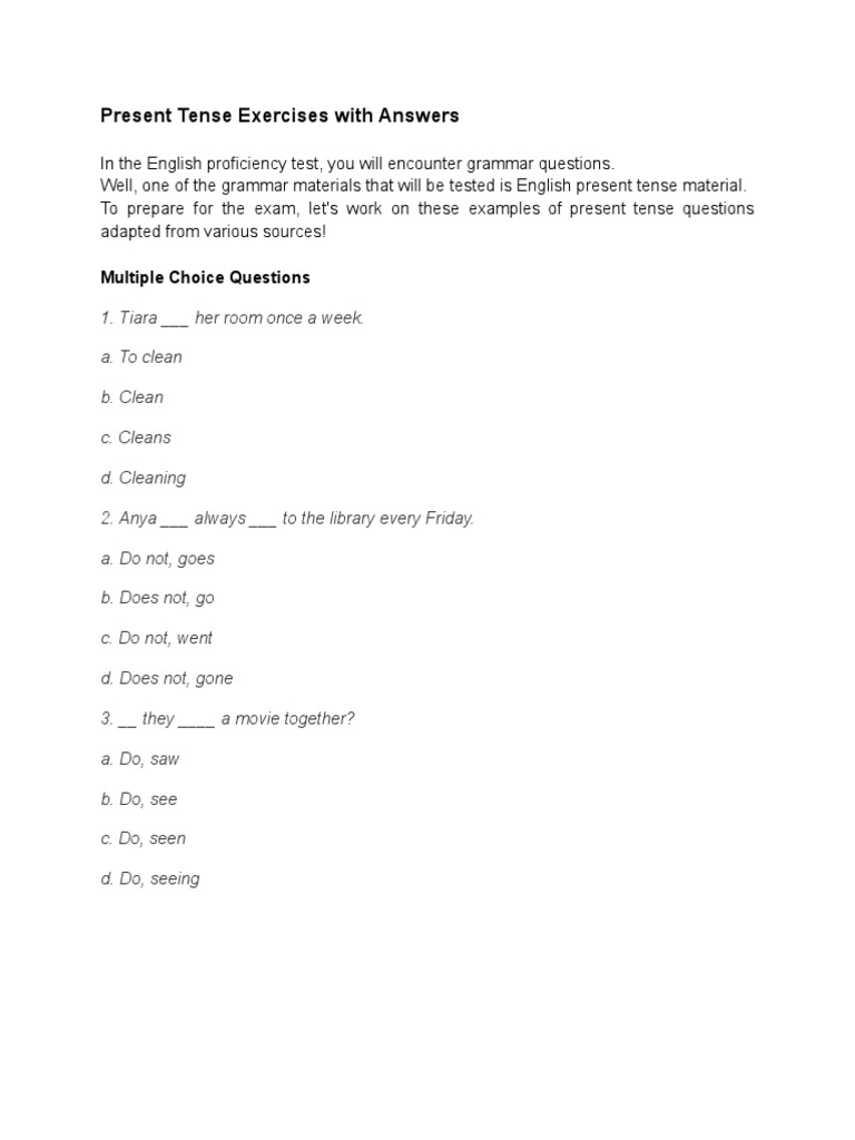Present Tense Exercises With Answers | PDF