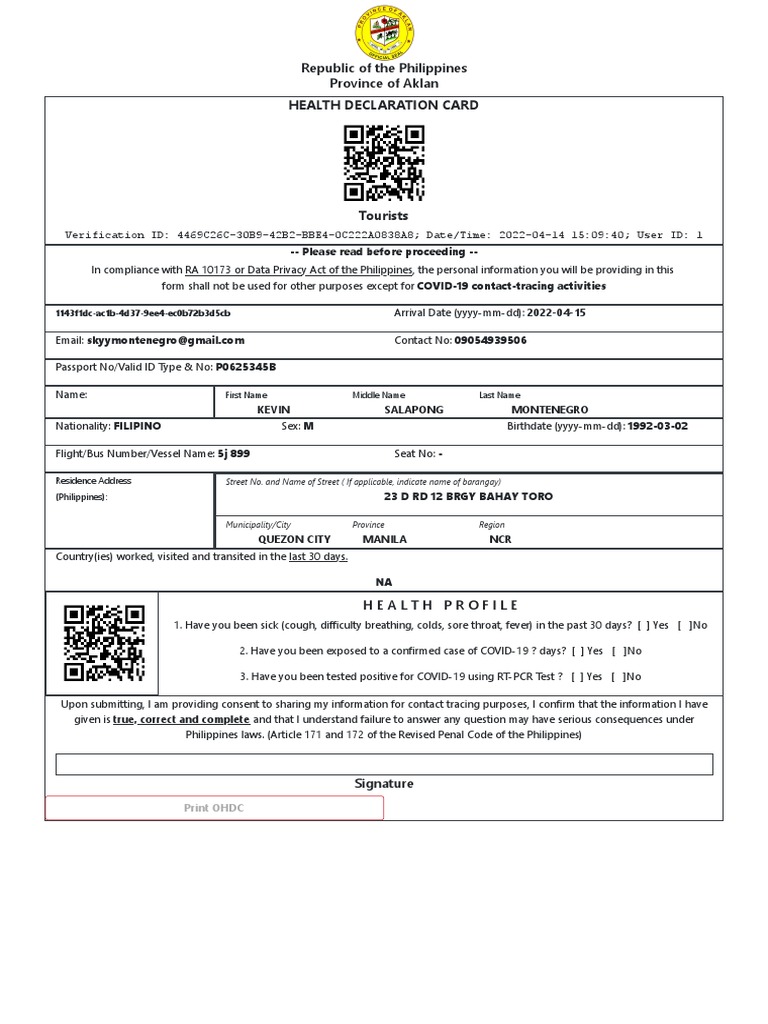 Aklan Health Declaration Card for Tourists | PDF | Philippines ...