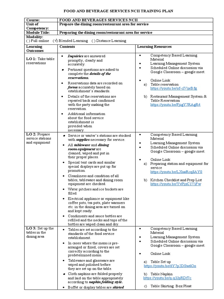 FBS Training Plan | PDF | Tableware | Restaurants