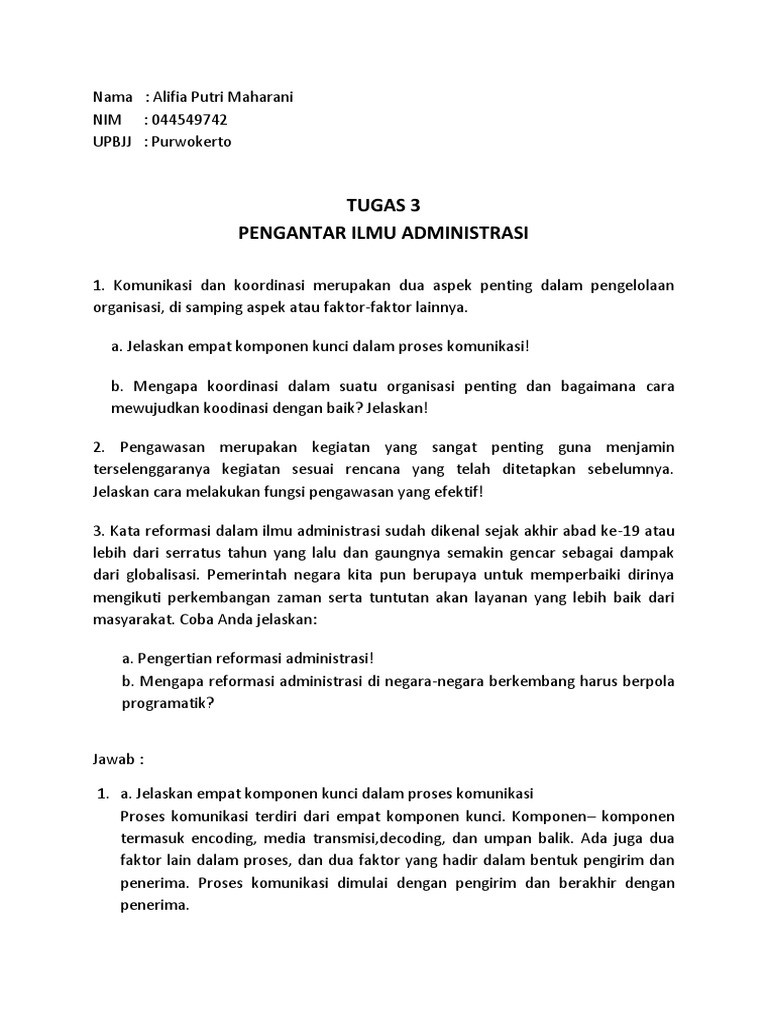 Tugas 3 Pengantar Ilmu Administrasi-Alifia Putri Maharani-044549742 | PDF