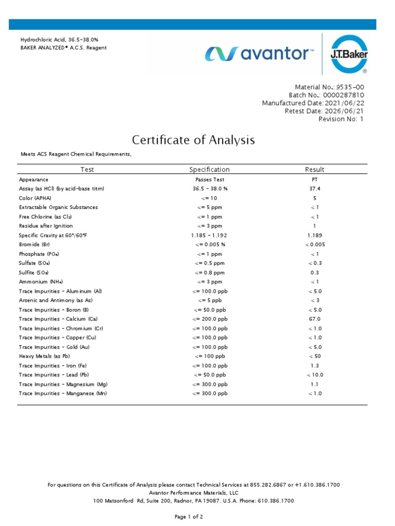 Certificate of Analysis for Hydrochloric Acid, 36.5-38.0% Meeting ACS ...