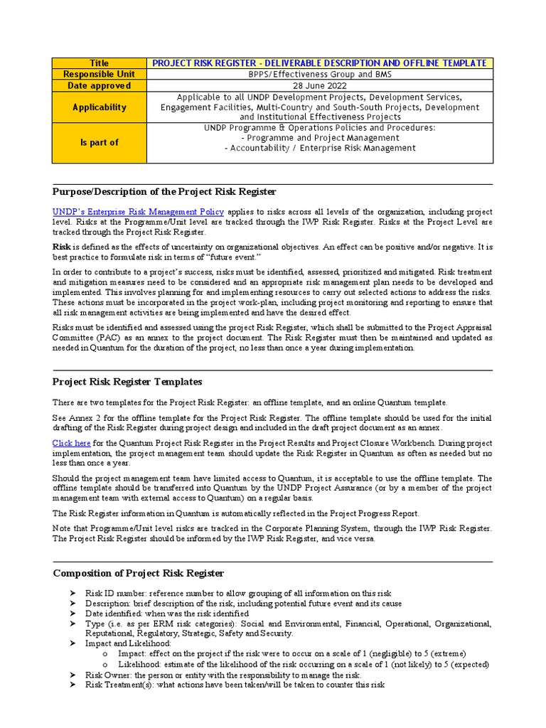 PPM - Project Risk Register Description and Offline Template | PDF | Risk | Risk Management