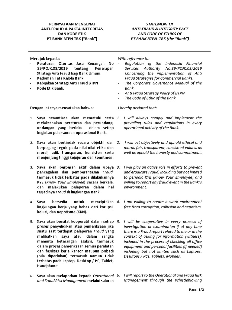 Deklarasi Anti Fraud Pakta Integritas Dan Kode Etik - 2022 | PDF