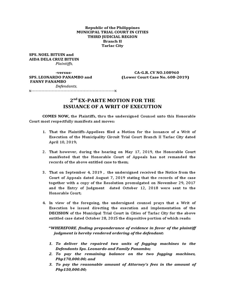2nd Motion For Issuance of Writ Execution SPS - bituIN and SPS ...