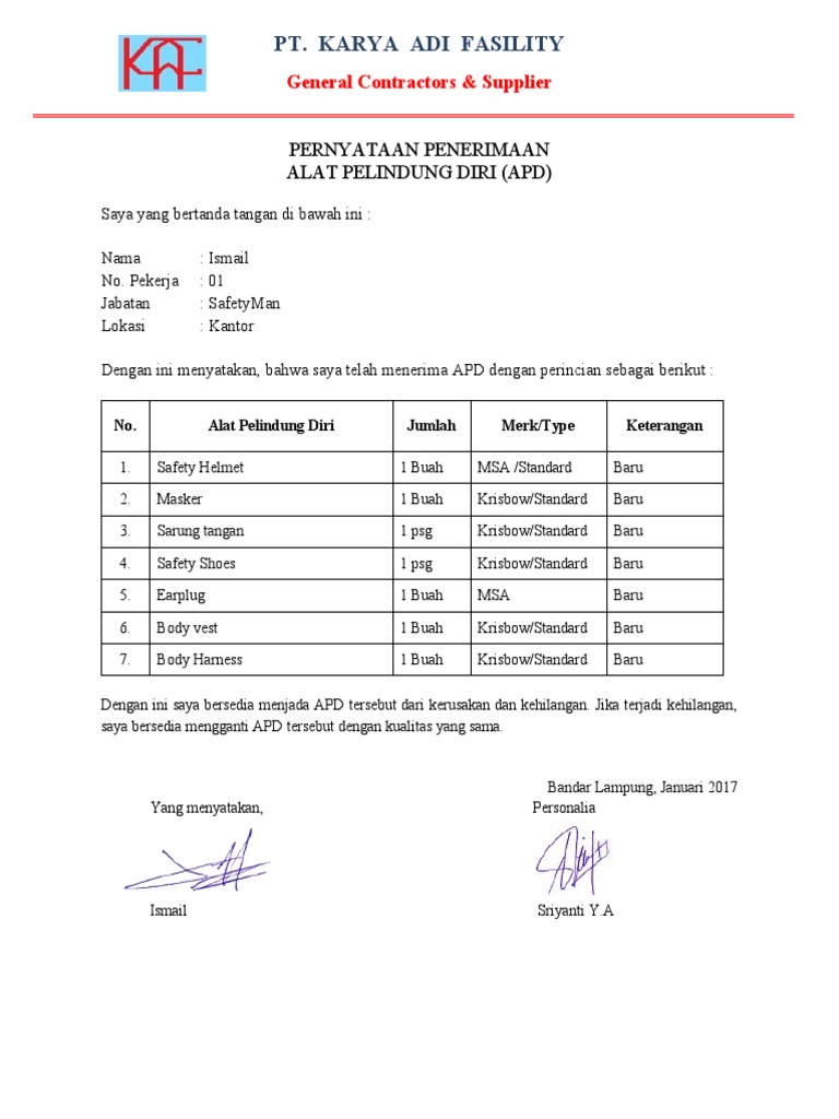 4.3 Surat Tanda Serah Terima APD Kepada Pekerja | PDF