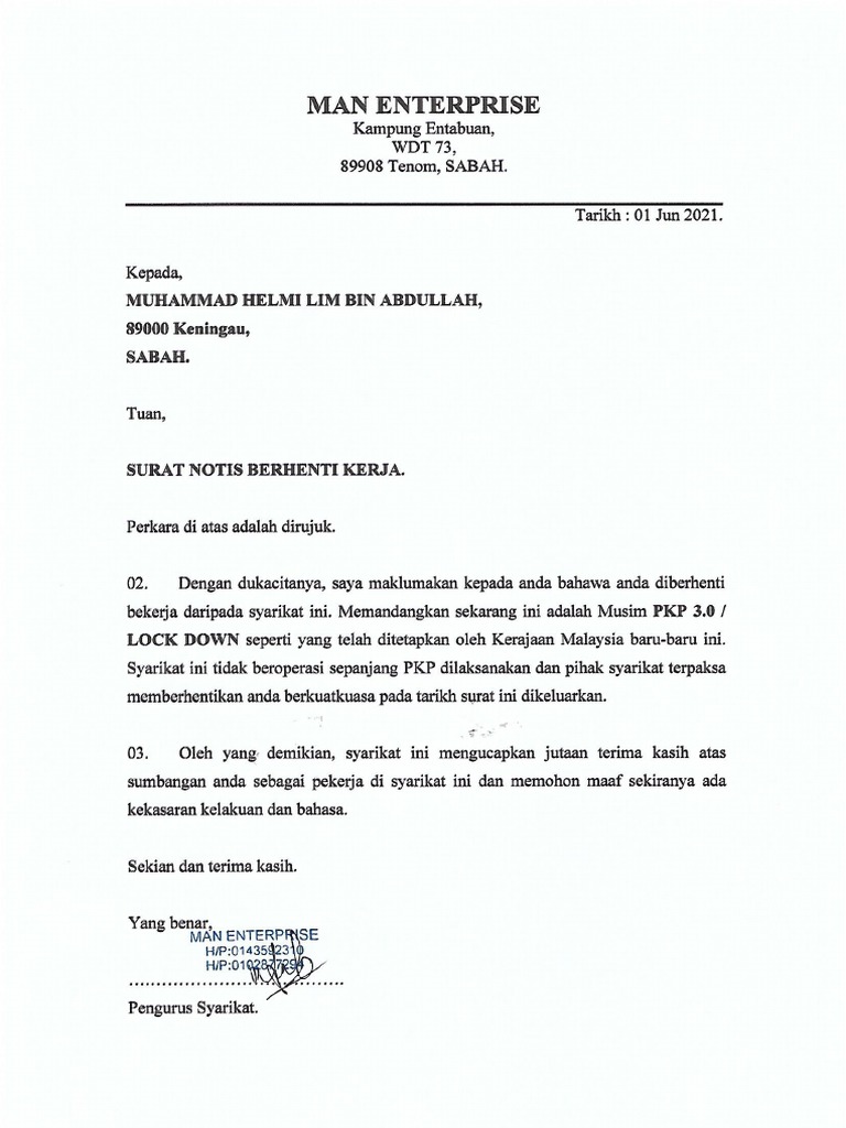 Surat Berhenti Kerja Man Enterprise | PDF
