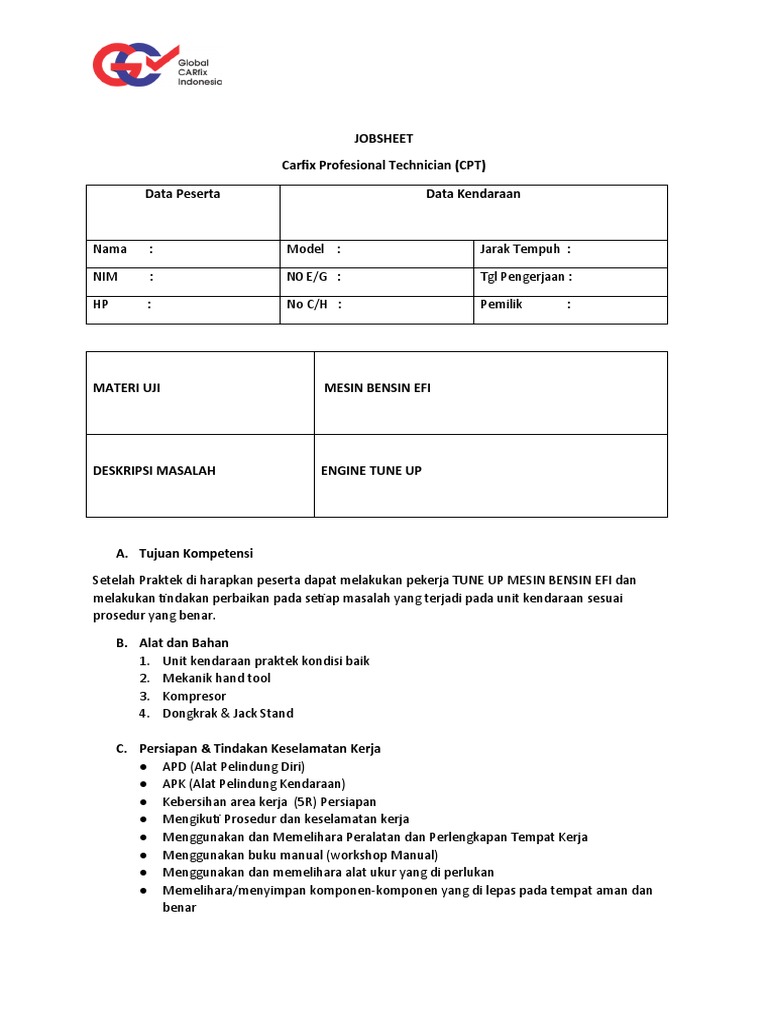 Jobsheet Engine Tune Up Rev | PDF | Teknologi & Rekayasa