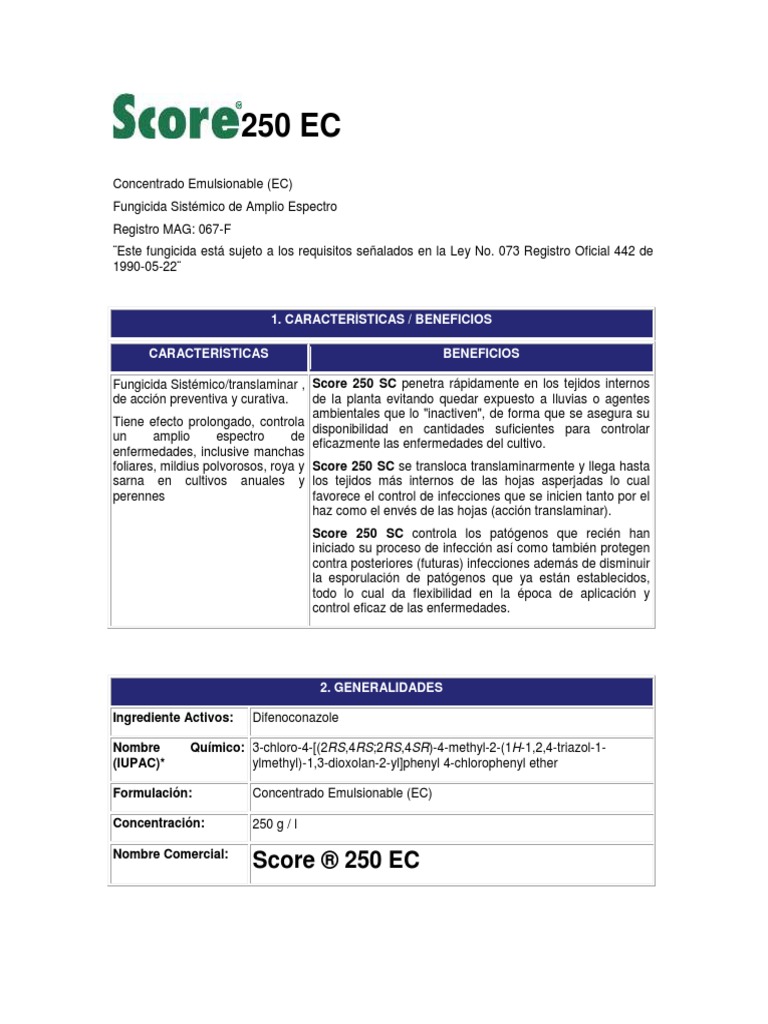 Ec Ficha Tecnica Score 250 SC Mar17 | PDF | Alimentos | Agua