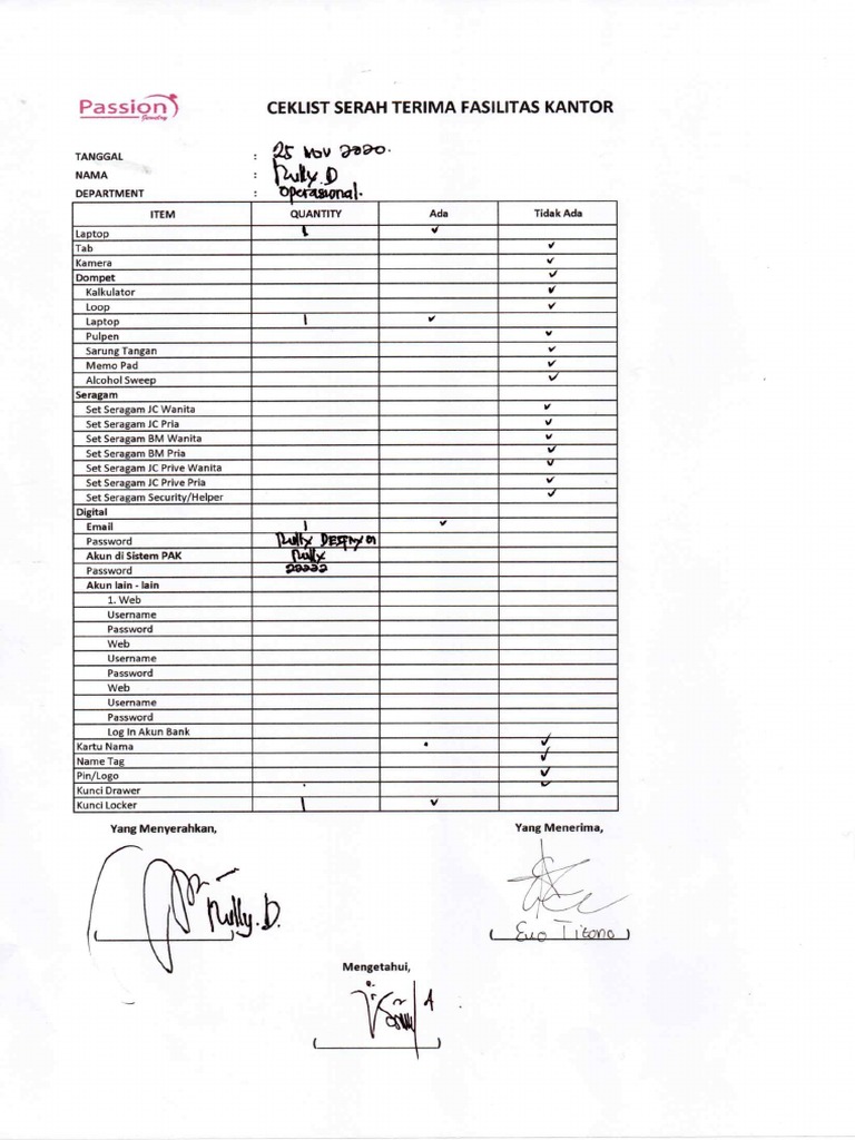 Form Serah Terima Inventaris OM | PDF