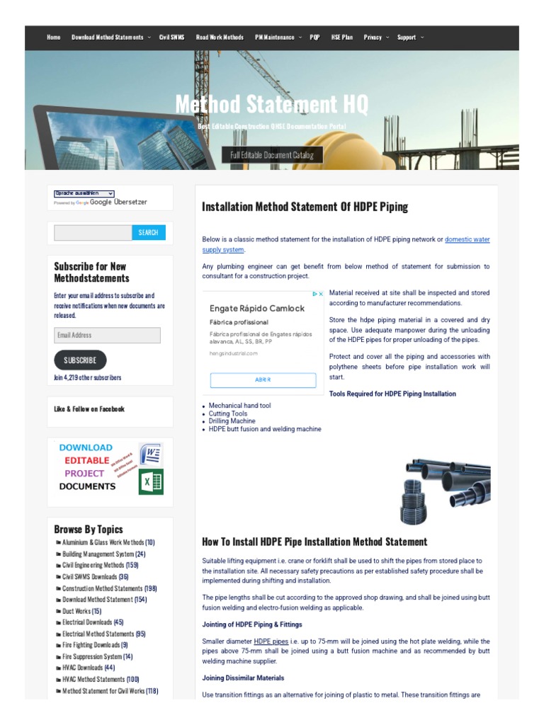 Methodstatementhq Com Installation Method Statement Hdpe Piping HTML | PDF | Pipe (Fluid ...