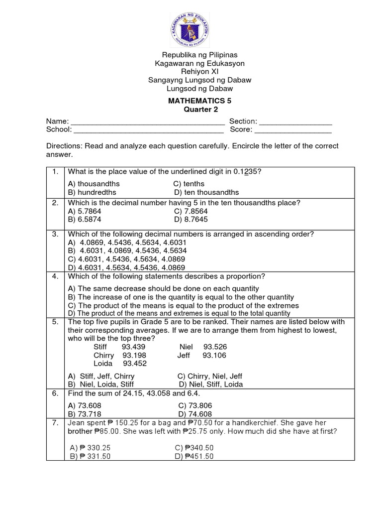 Quarterly Test - Q2 Mathematics 5 | PDF | Mathematics | Arithmetic