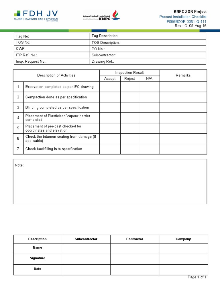 P055bzor-0051-Q-411 Precast Installation Checklist | PDF
